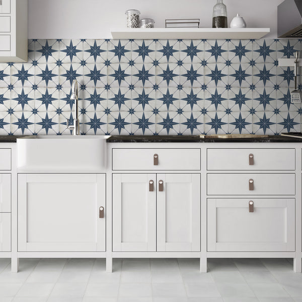 Encaustic Patterned Blue Star Peel and Stick Backsplash Tile