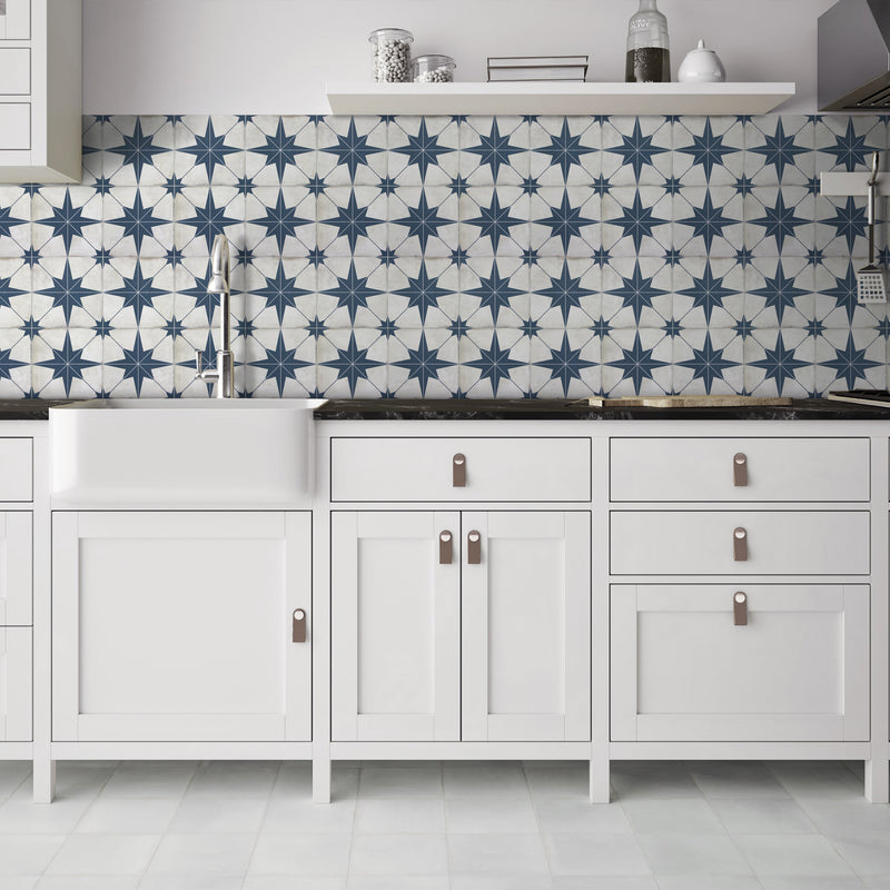 Encaustic Patterned Blue Star Peel and Stick Backsplash Tile