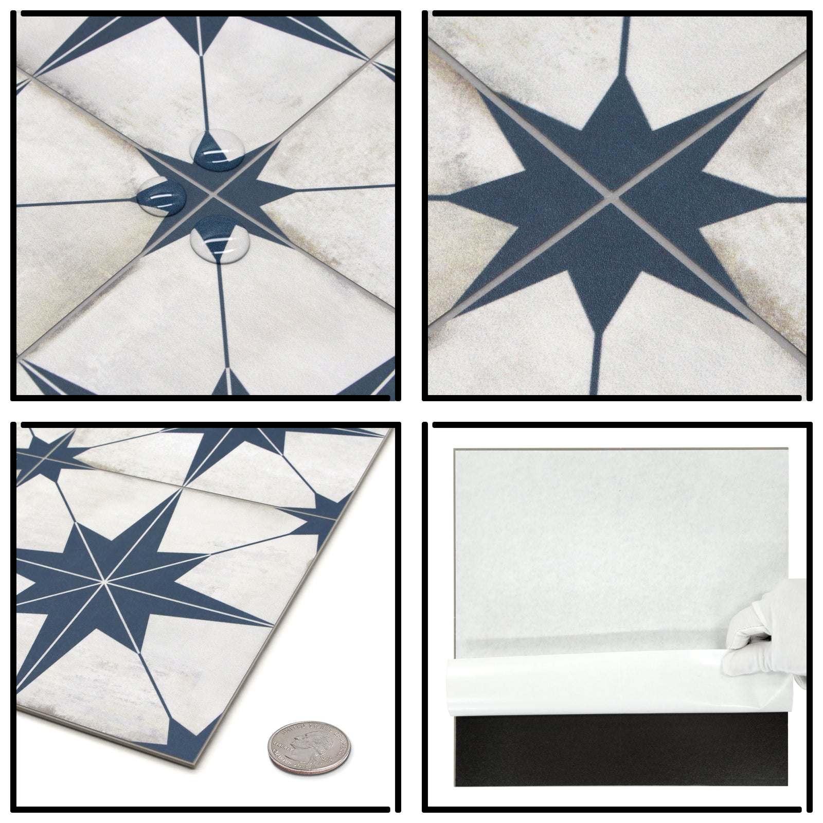 Encaustic Patterned Blue Star Peel and Stick Backsplash Tile