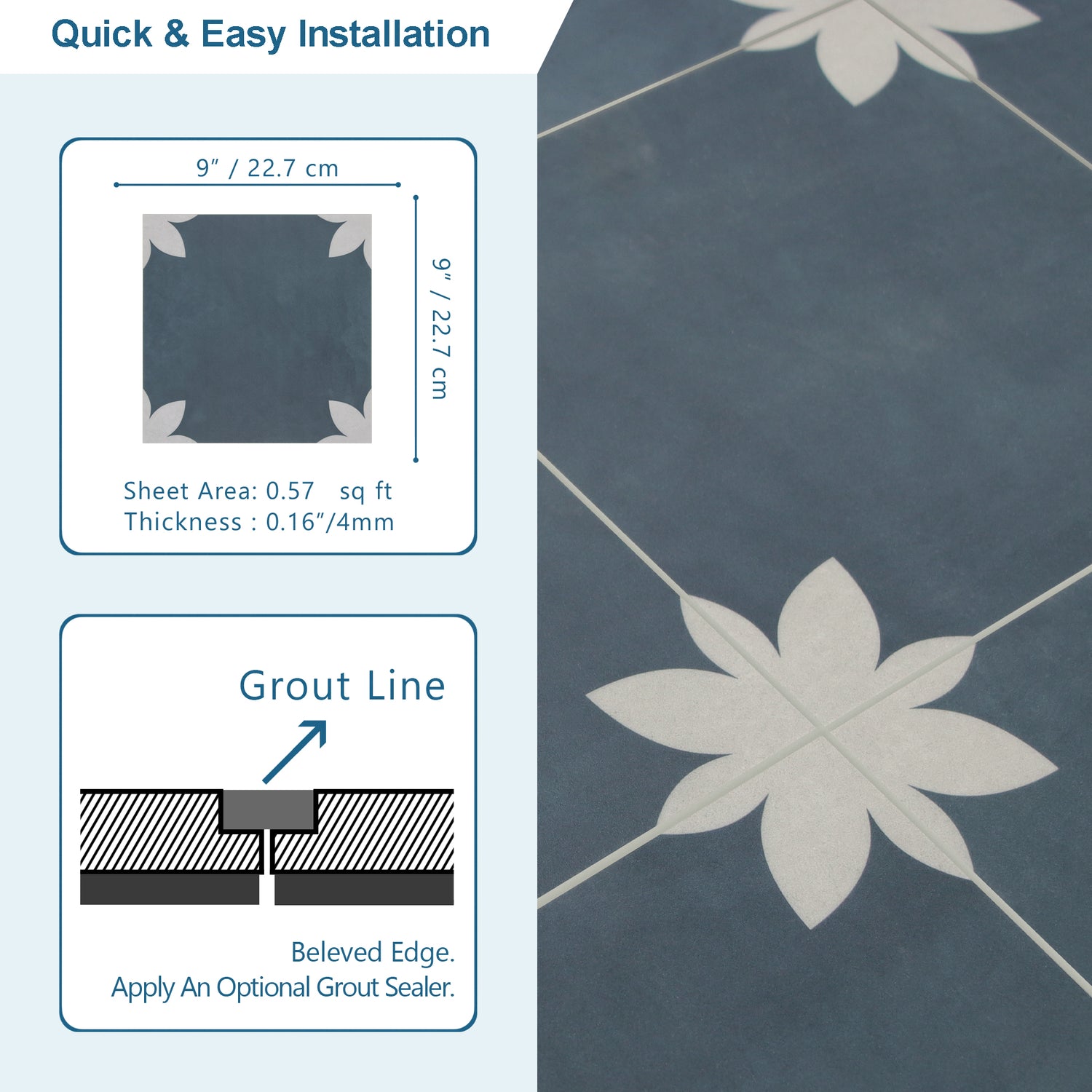 9" x 9" Flower Blue Peel and Stick Backsplash Wall and Floor Tile