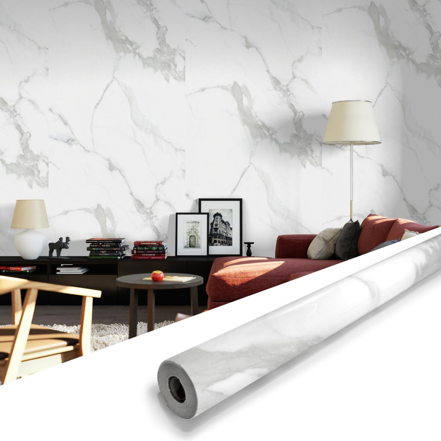 118" x 47" Carrara White Glossy Peel and Stick Wall Paneling Roll