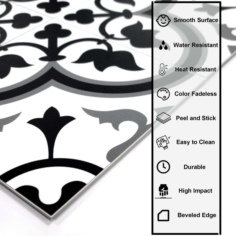 Encaustic Patterned White and Grey Peel and Stick Tile