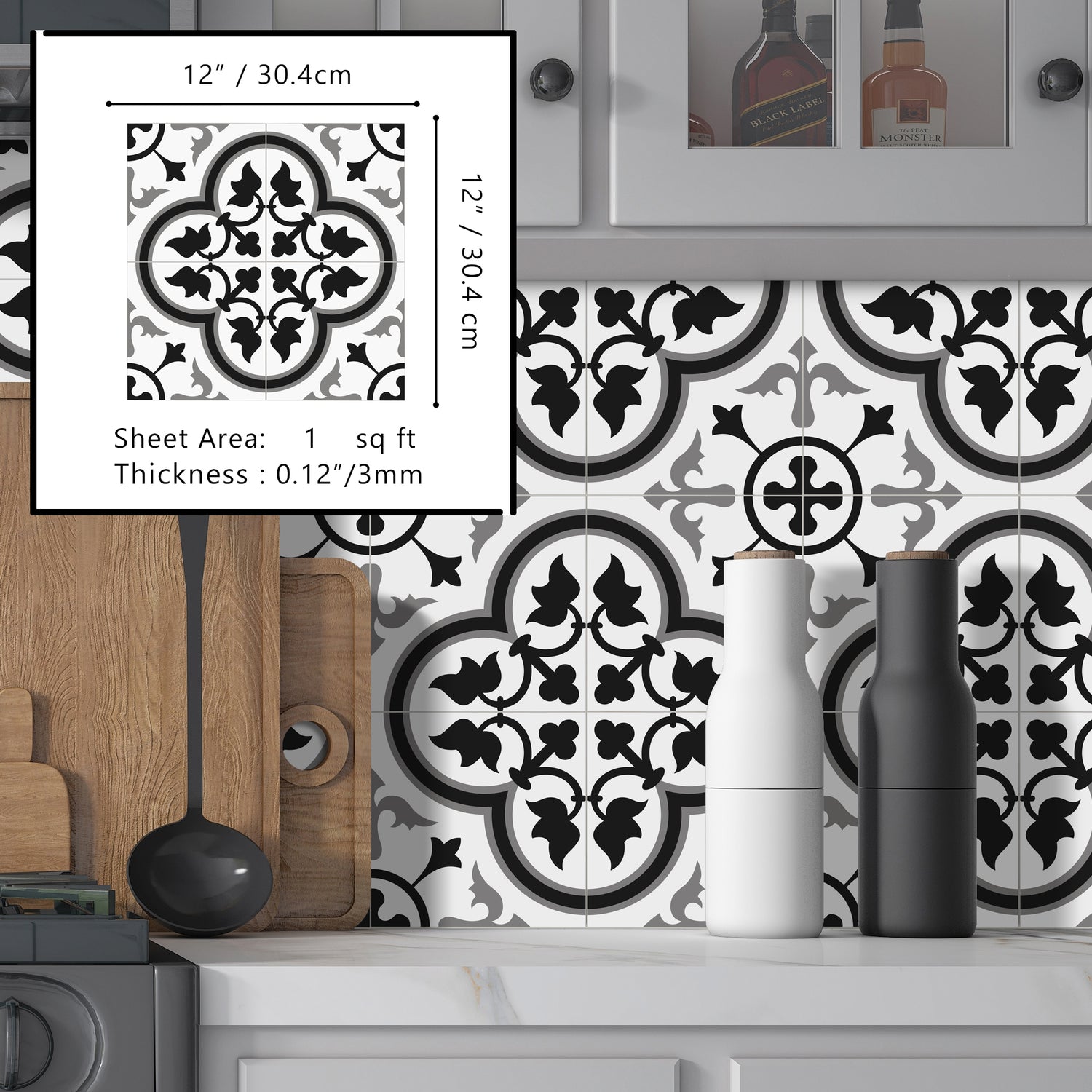 Encaustic Patterned White and Grey Peel and Stick Tile